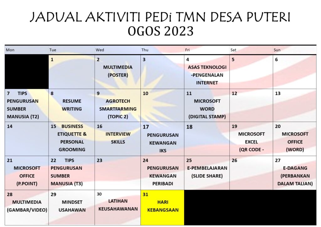 JADUAL AKTIVITI OGOS 2024 – Taman Desa Puteri, Jelai